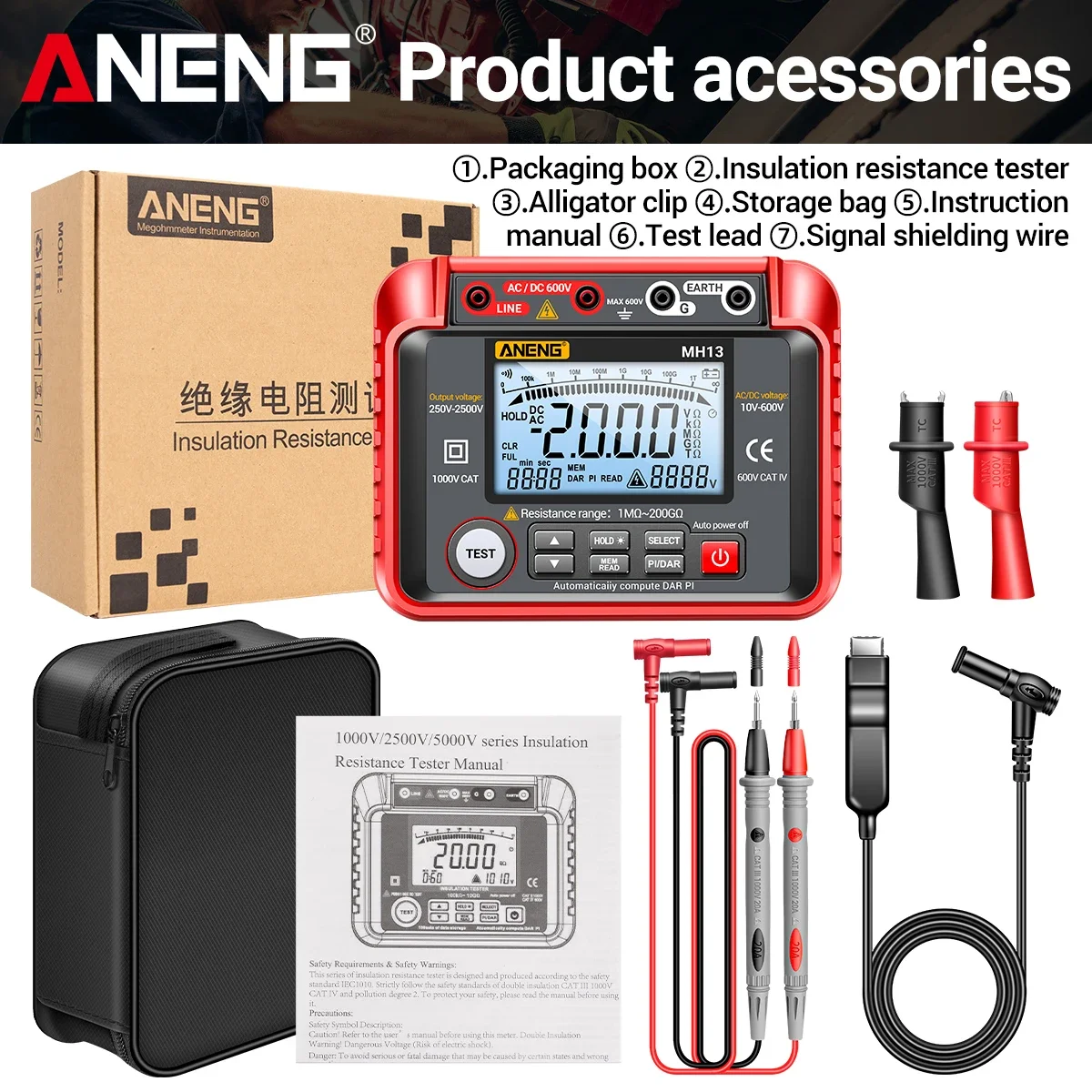 ANENG MH13 Ohm Tester Digital Multimeter Megometro Insulation Earth ...