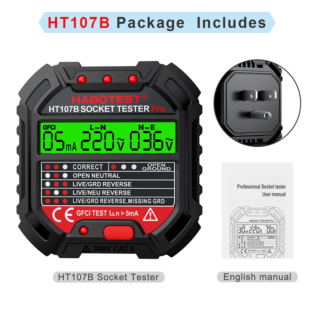 Habotest Ht107 Pro Socket Tester Voltage Test Socket Detector Eu Plug Ground Zero Line Plug