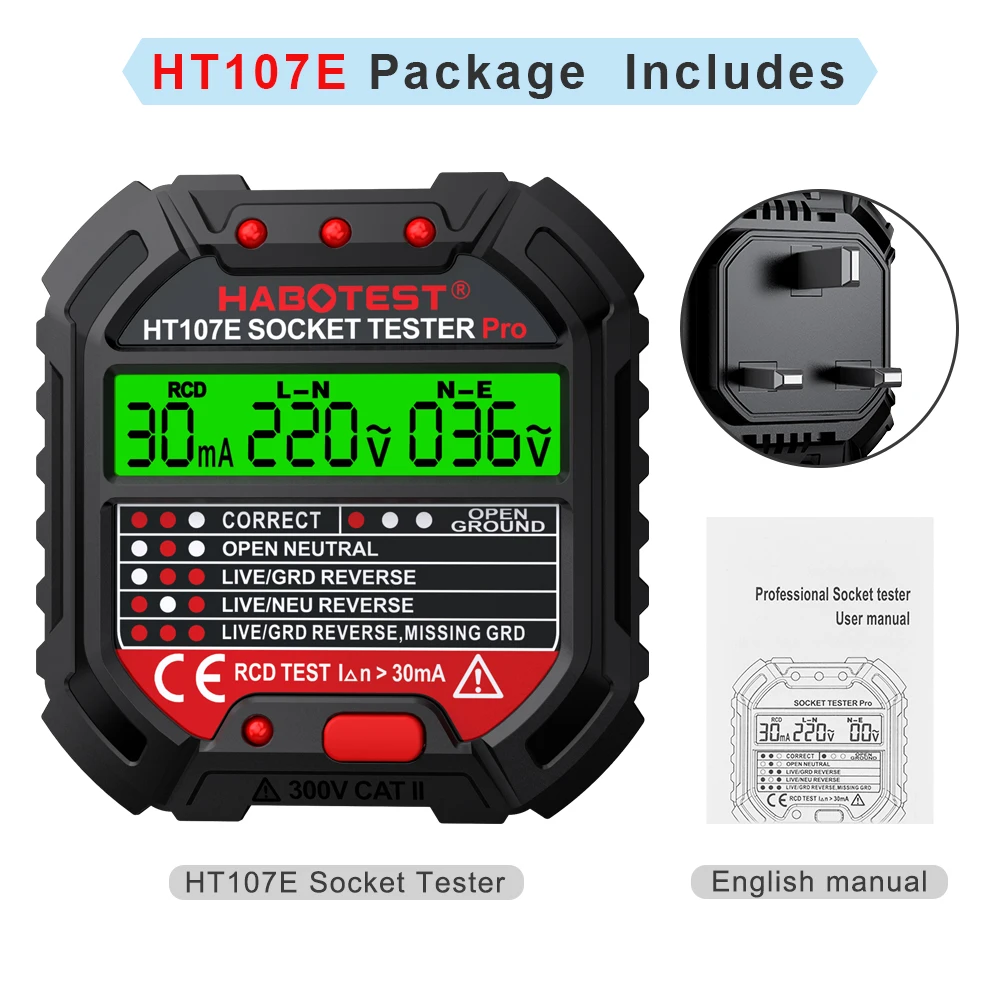 Habotest Ht107 Pro Socket Tester Voltage Test Socket Detector Eu Plug Ground Zero Line Plug
