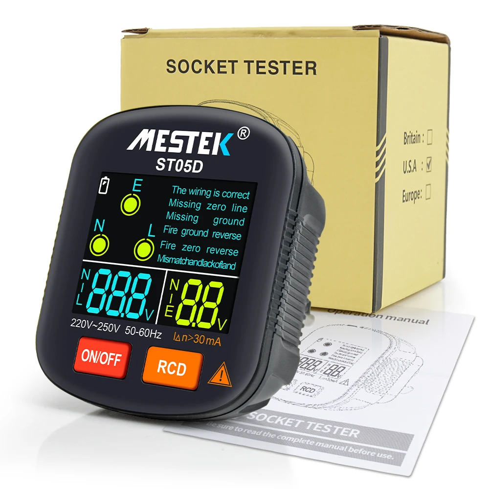 Mestek Socket Tester Detector Wiring Electroscope Electric Plug Color Screen Rcd Safety Test