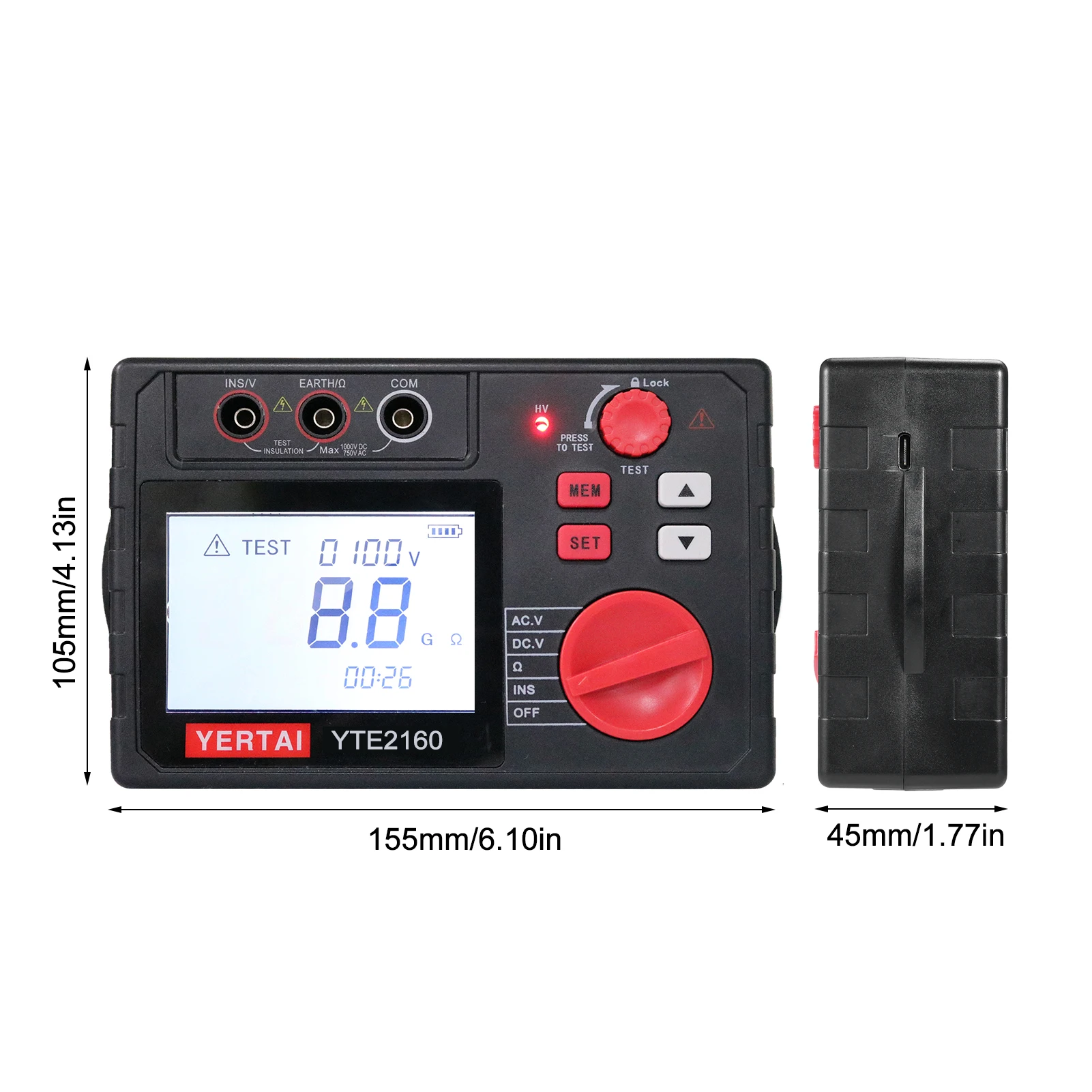 YERTAI Digital Insulation Resistance Tester 100V/200V/500V/1000V ...
