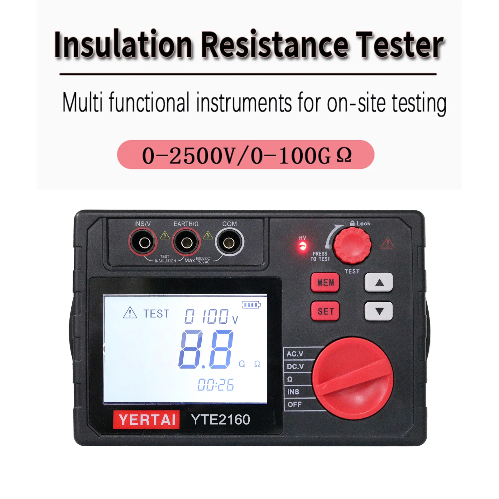 YERTAI Digital Insulation Resistance Tester 100V/200V/500V/1000V ...